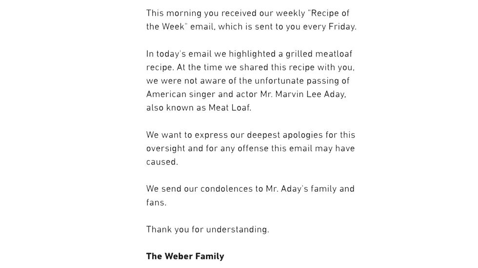 US grill company apologises for mistimed Meat Loaf recipe-of-the-week email