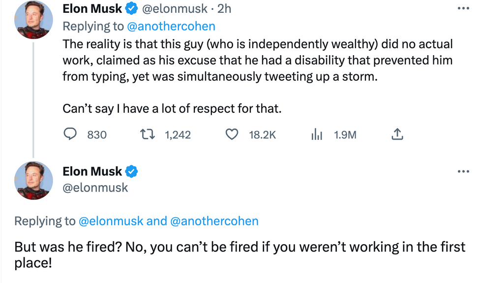 Elon Musk fires disabled Twitter employee then laughs at him in ... Elon Musk fires disabled Twitter employee then laughs at him in ...
