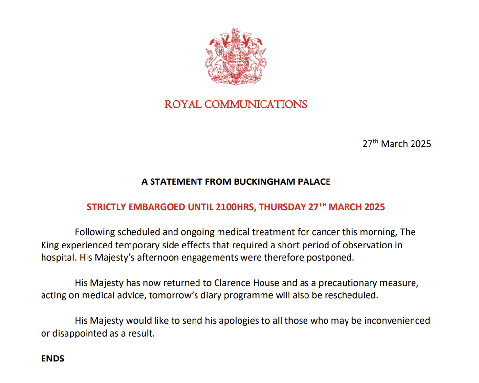 King Charles health: Read Buckingham Palace's statement in full on cancer treatment update