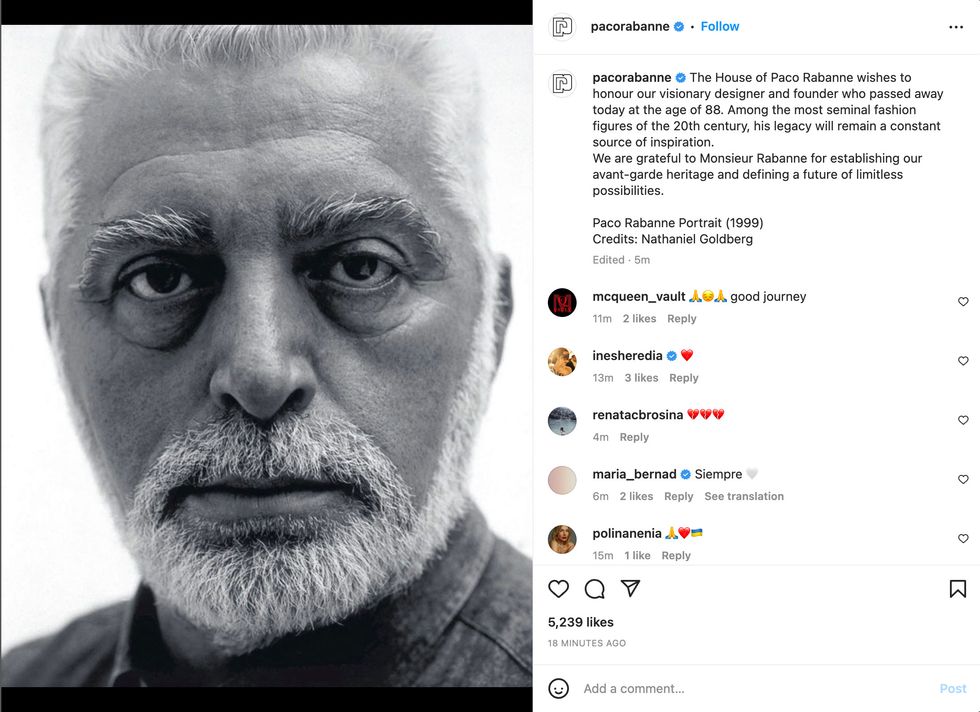 Paco Rabanne dead: Spanish designer dies aged 88